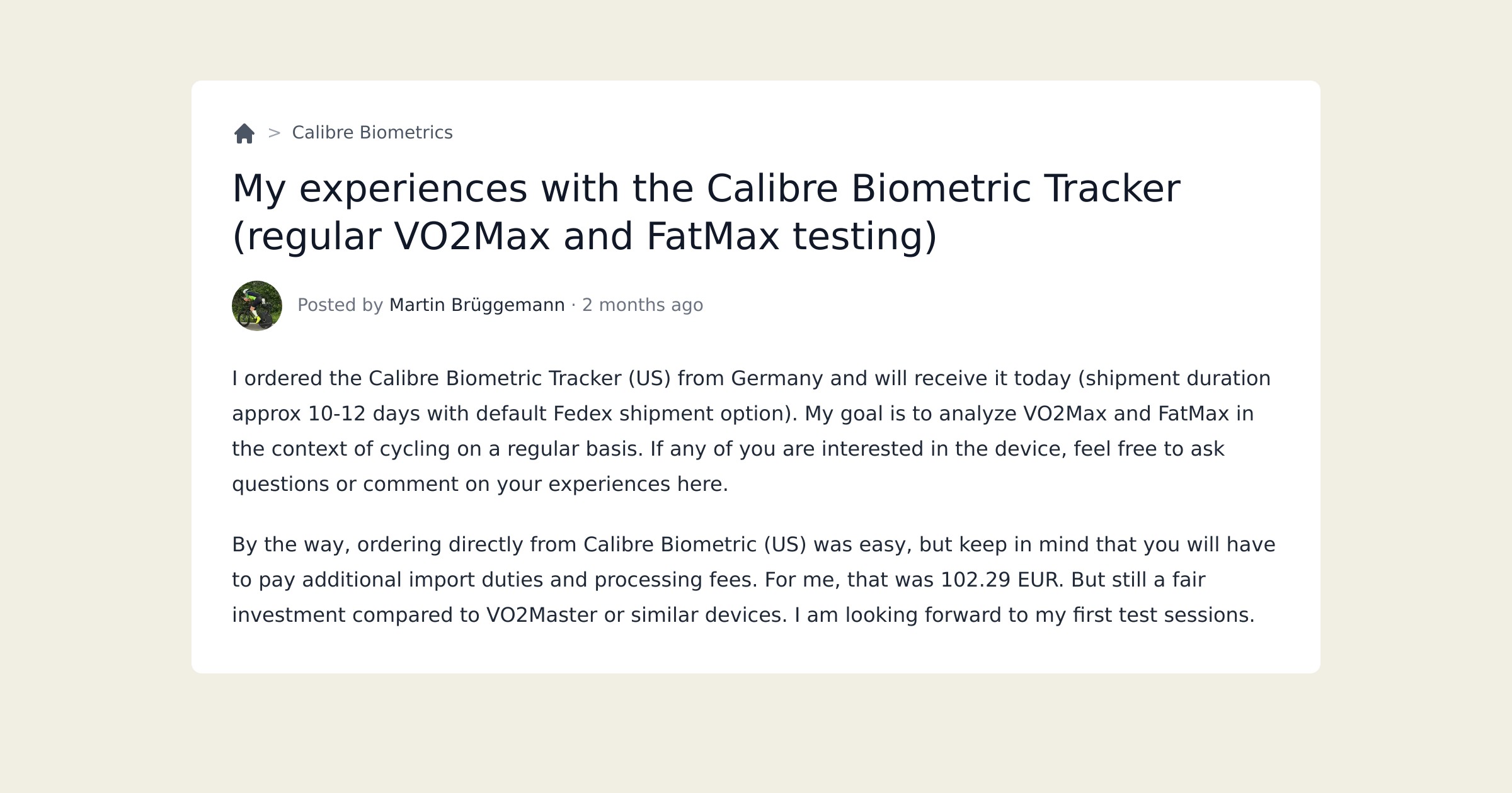 My experiences with the Calibre Biometric Tracker (regular VO2Max and ...